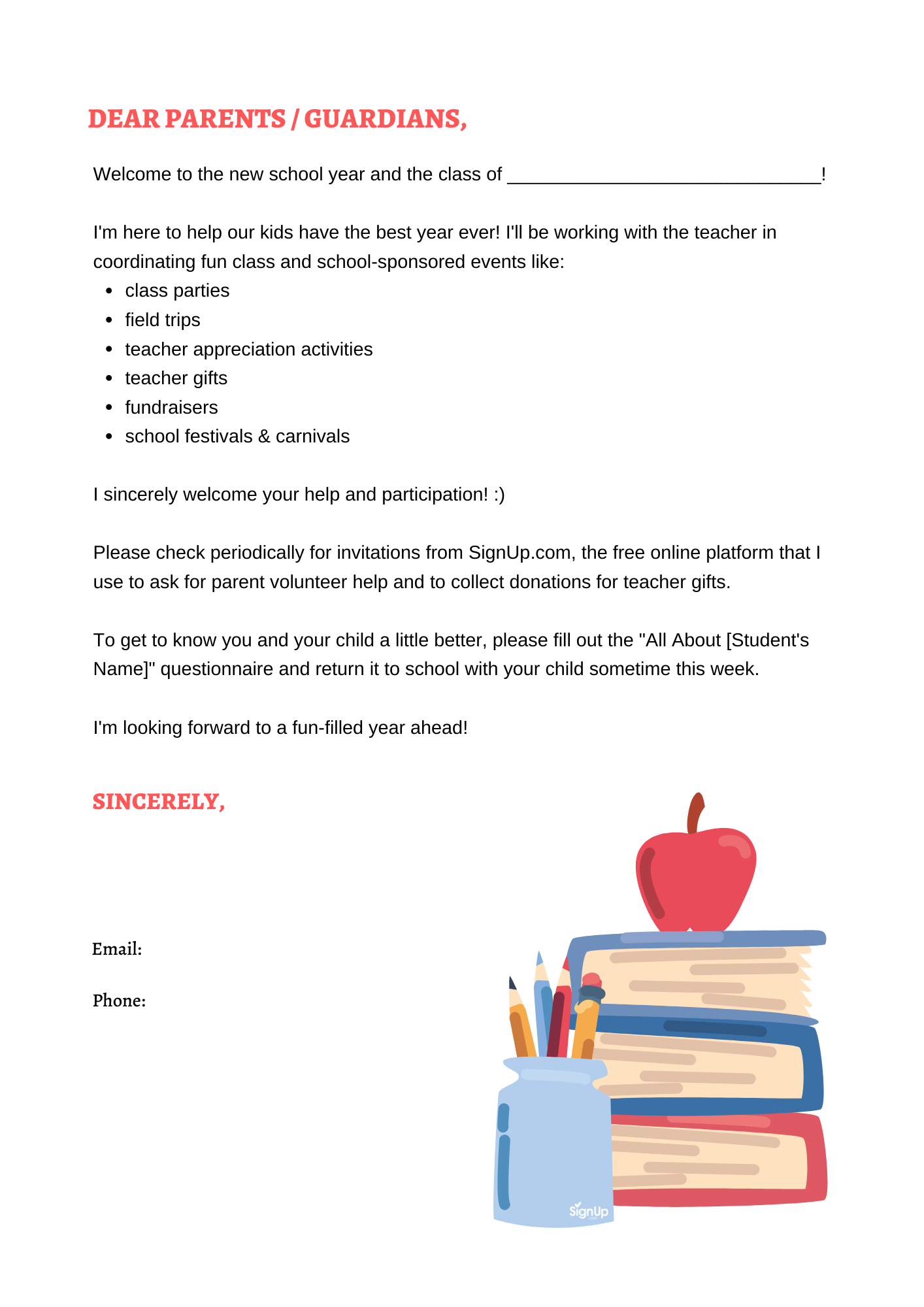 Back To School Welcome Letters To Parents For Room Parents PTA Leaders 